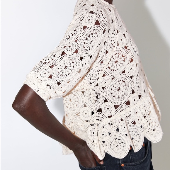 Zara | Tops | Zara Ruffled Knit Crochet Top Balloon Sleeve Ecru | Poshmark